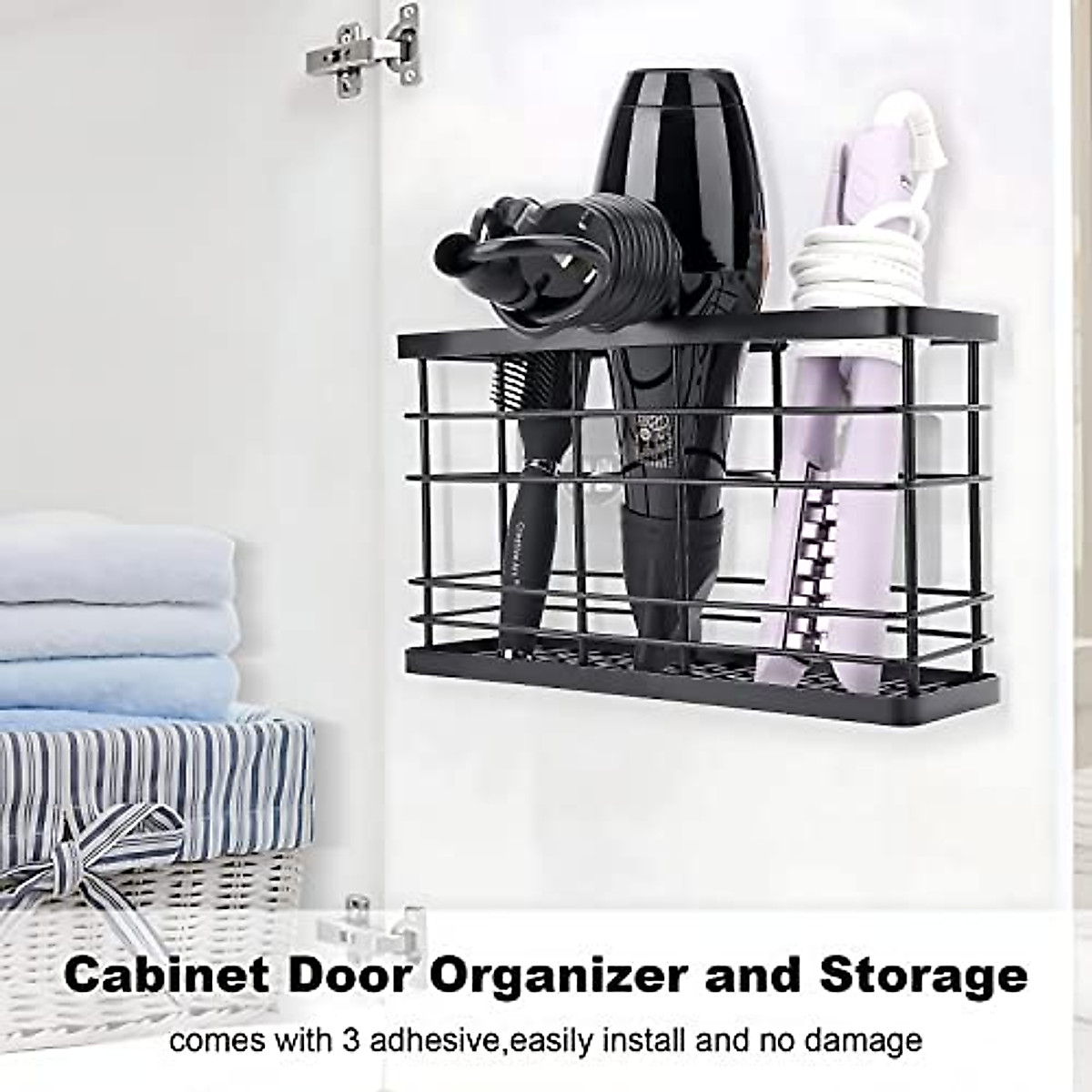 Hair Dryer Holder Hair Tool Organizer Wall Mounted/Cabinet Door,Anti-Rust Coating Hair Styling Tools,Bathroom Storage Organizer for Blower Dryer,Flat Irons,Curling