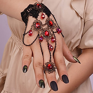 Missgrace Women Vintage Halloween Cosplay Retro Gothic Punk Tassel Black Lace Bracelet Finger Rings Dangle Gloves Bracelet Charm Red Rhinestones Crystals Bracelet for Women