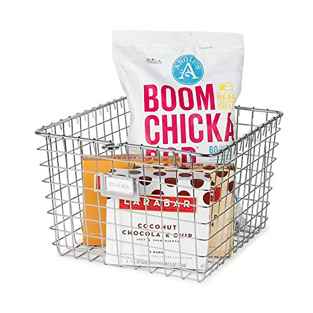 Takyl Home Medium Vintage Kitchen Pantry Basket with Customizable Label Plate for Shelves, Pantry, Closet and Food Storage, Large, Chrome