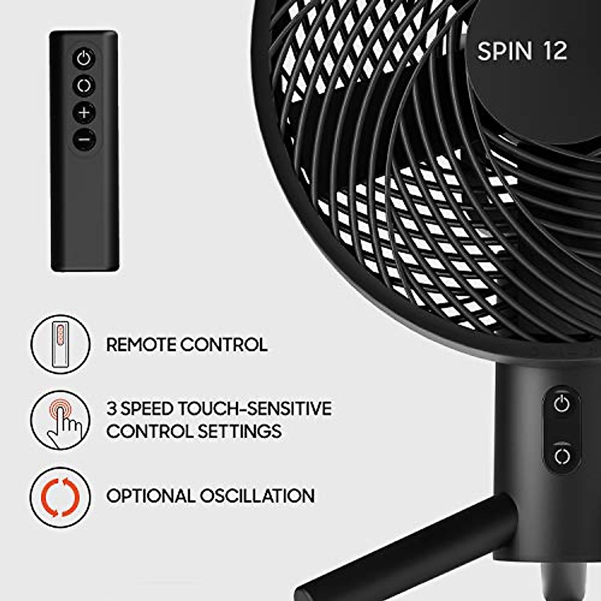 Sharper Image SPIN 12 Oscillating Desktop Fan with 3 Speeds, Small, Black