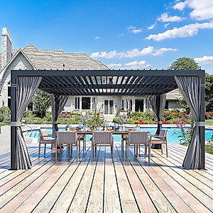 MELLCOM 10x12ft Louvered Pergola with Curtains and Nets, Aluminum Pergola with Adjustable Rainproof Roof, Outdoor Hardtop Pergola for Patio, Backyard, Deck, Dark Gray