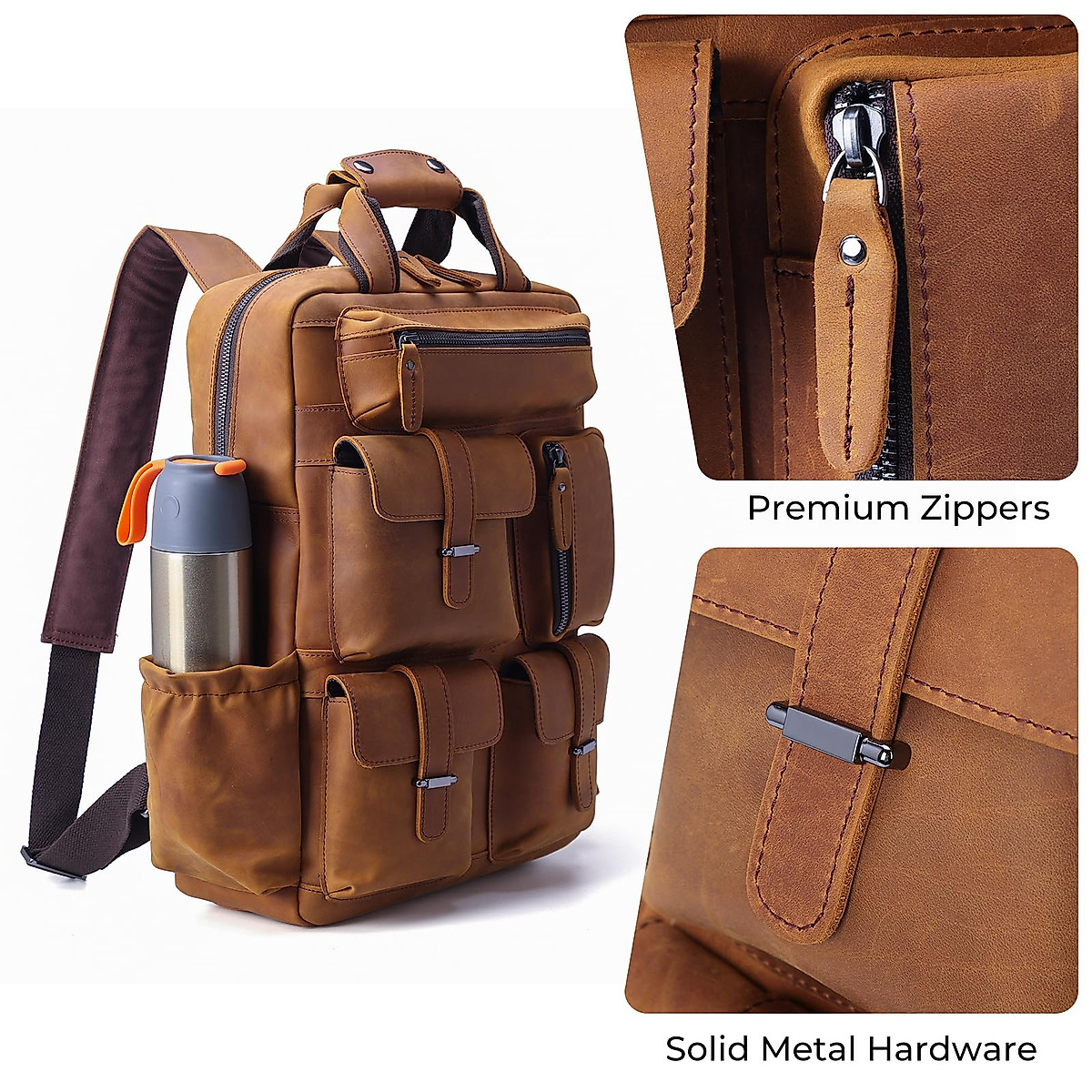 Full Grain Cowhide Leather Multi Pockets 16 Inch Laptop Backpack Travel Bag (Dark Brown(Updated Version))