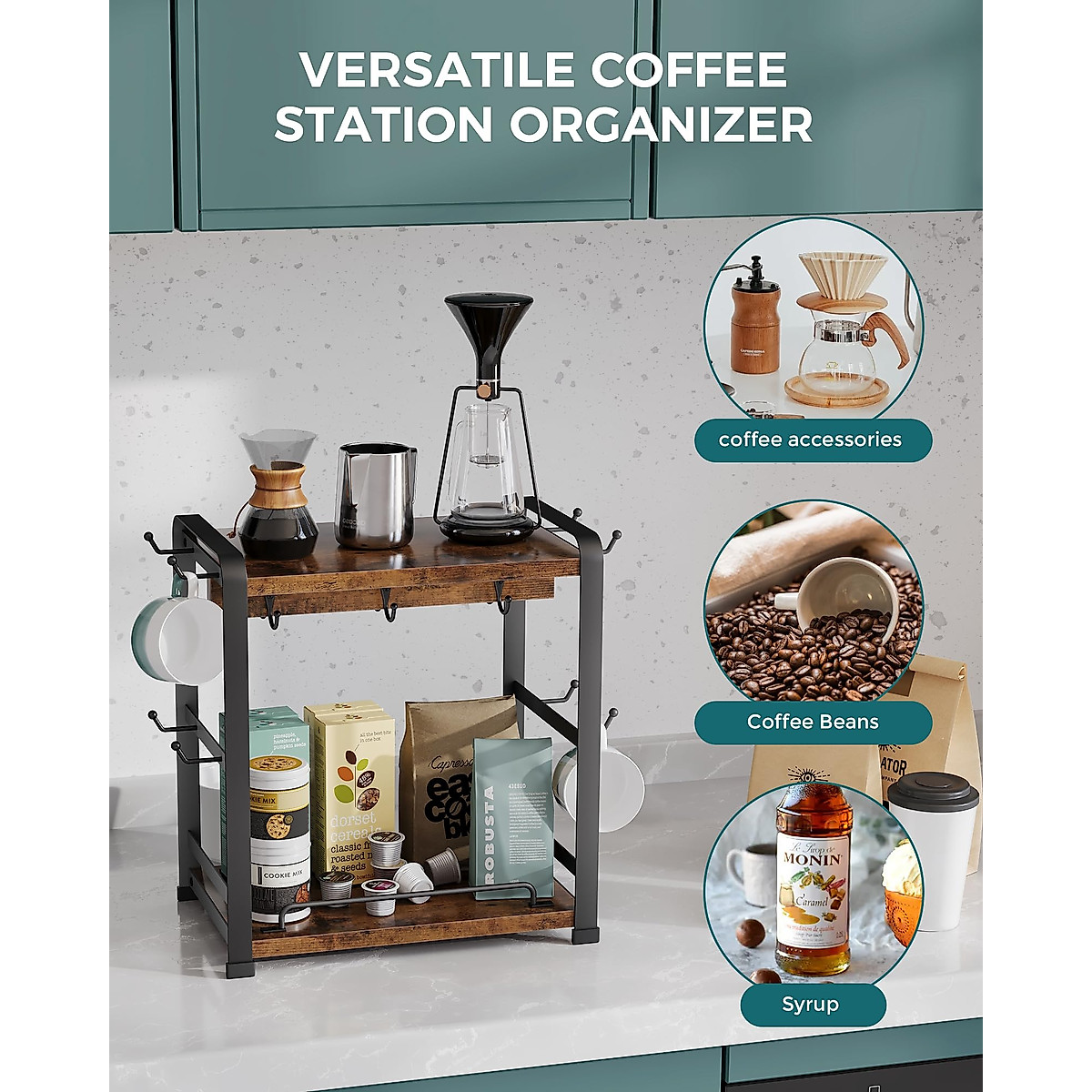 OROPY Coffee Bar Organizer with 14 Mug Hooks, Wood Coffee Mug Holder Stand for Countertop, 2 Tier Coffee Station Organizer for Coffee Cups, Mugs, Syrups, Accessories