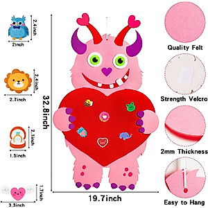 Haooryx 33Pcs Valentines Heart Monster Felt Craft Kit, DIY Monster Felt Hanging Decorations with Detachable Ornaments, Valentines Party Home Wall Door Decor Hanging Ornaments Kids Present Art Craft