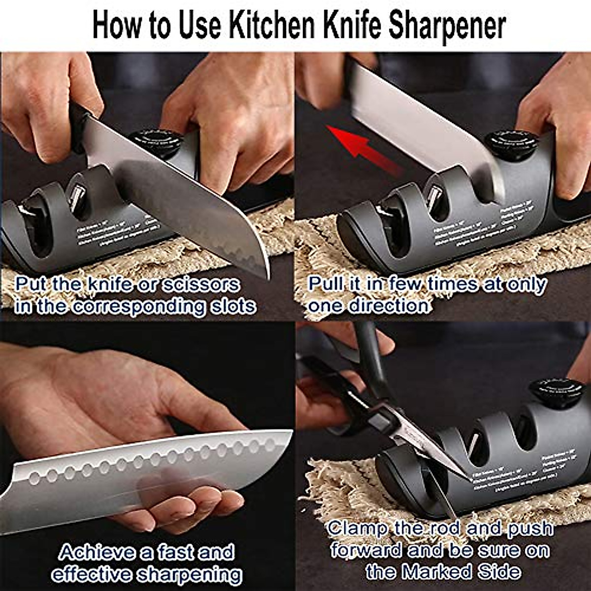 Knife Sharpener TANSUNG 3 Stage Kitchen Chef Knife and Scissor Sharpeners Restore Knives or Shears Blades Quickly Safely with Adjustable Angle Button for Various Household Knives Shear