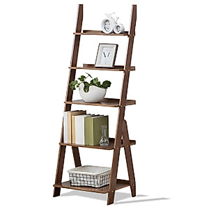 DOUSY-5-Tier Ladder Shelf Bookcase, Bamboo Ladder Bookshelf Leaning Bookshelf, Freestanding Storage Shelf Boho Bookshelf for Living Room, Home Office, Bedroom, Balcony, Walnut