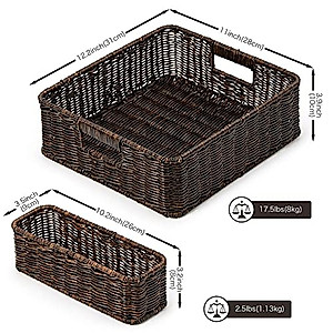 EZOWare Set of 4 Decorative Woven Storage Tray Bins, Resin Wicker Tray Drawer Organizer Basket Containers for Baby Nursery Room - 2 Sizes, Dark Brown