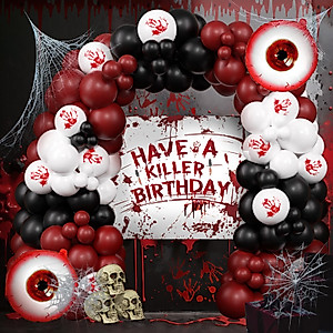 Halloween Balloon Arch Kit Scary Halloween Birthday Party Decorations-Red Black White Bloody Hand Balloons With Have a Killer Birthday Banner Eye Balloons For Halloween Theme Party Supplies