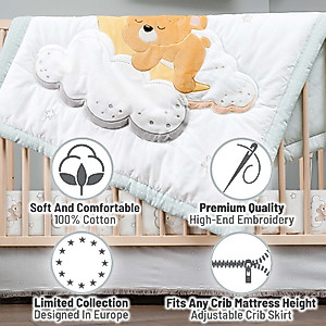 Mama Ana - Premium Quality 100% Cotton Crib Bedding Set for Baby Boys and Girls, 3-Piece Nursery Including Baby Comforter, Fitted Crib Sheet, and Adjustable Crib Skirt with Zipper