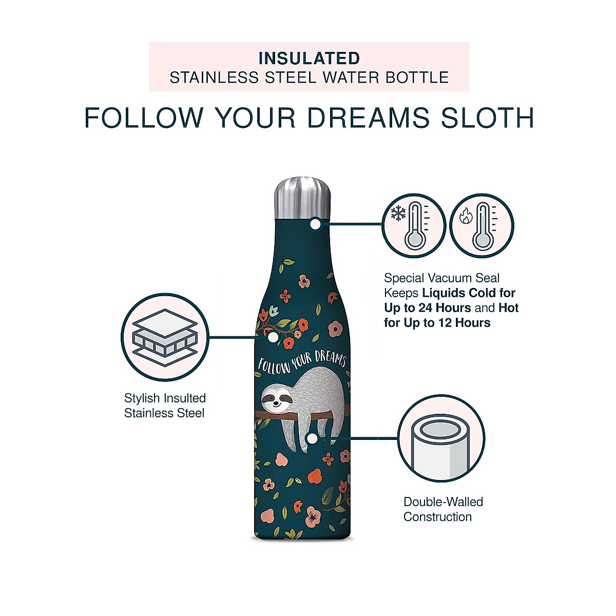 Studio Oh! 17 oz. Insulated Stainless Steel Water Bottle Available in 9 Designs, Follow Your Dreams Sloth