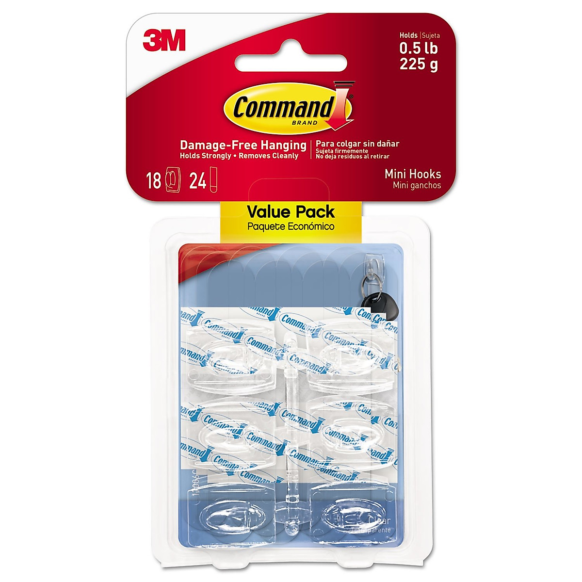 Command 3M 17006CLR18ES Clear Hooks & Strips, Plastic, Mini, 18 Hooks & 24 Strips/Pack
