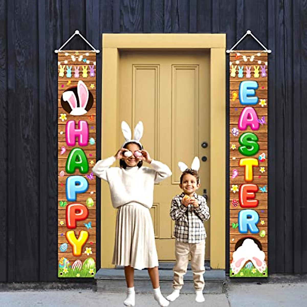 Easter Party Supplies-Happy Easter Porch Sign Banner,2PCS Hello Peeps Front Door Welcome Banner for Spring Theme Easter Bunny Door Decoration (Porch)