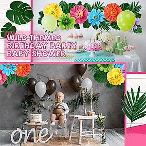 40 Pcs Large Paper Flowers and Artificial Tropical Leaves, 24''/12'' Jumbo 3D Chroma Paper Flowers Faux Leaves for Safari Jungle Hawaiian Luau Party Birthday Wedding BBQ Table Decor (Palm Leaf)