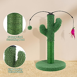 YUNIQUE Cat Scratching Post, Cactus Cat Scratcher with Natural Sisal Rope for Indoor Cats, Scratching Posts with Dangling Balls and Feather for Small Cats Kittens (Green)