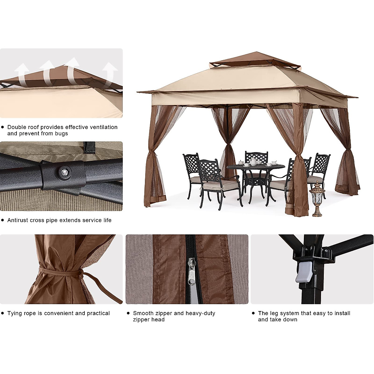 MASTERCANOPY Patio Gazebo Outdoor Pop Up Gazebo with Mesh Walls (Champagne, 11x11)