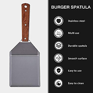 Stainless Steel Griddle Hamburger Spatula with Strong Wooden Handle, 13.5 x 5 inches, Heavy Duty Spatula Turner with A Hook, Great for Pancake Flipper, Fish, Eggs, Burgers, Omelet and More…