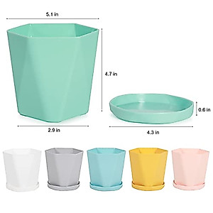 ISIVBPEP Flower Pots - 6 Pack 5.1 Inch Plastic Plant Pots with Drainage Holes and Saucers - Planters for Indoor Plants - Garden Pots with Gardening Tools