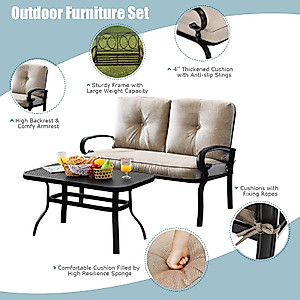 Tangkula Patio Loveseat with Table Set, 2 Seat Cushioned Sofa with Coffee Table, Patio Conversation Sofa Set with Rustproof Frame, 2 Pieces Outdoor Furniture Set for Garden, Poolside, Balcony (Beige)