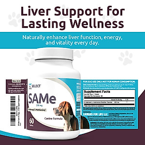 K9 Select SAM-e for Medium and Large Adult Dogs, 60 Tablets, 200mg Active S-Adenosyl L- Methionine, Cognitive and Liver Support Supplement for Dogs, Nutritional Support for Revitalisation