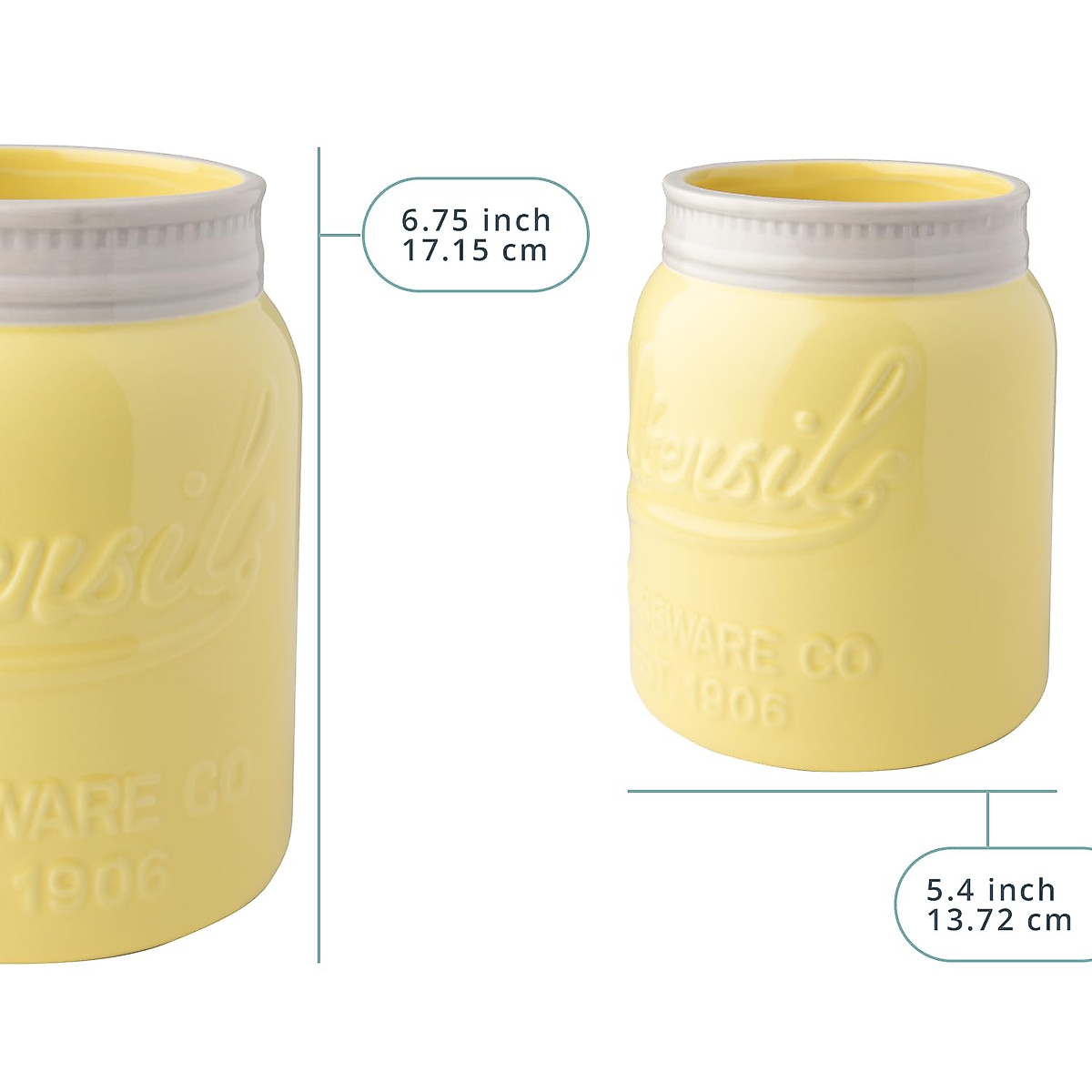 Wide Mouth Mason Jar Utensil Holder Decorative Kitchenware Organizer Crock, Chip Resistant Ceramic, Dishwasher Safe - Kitchen Caddy Green, Large Size 7" High - Yellow