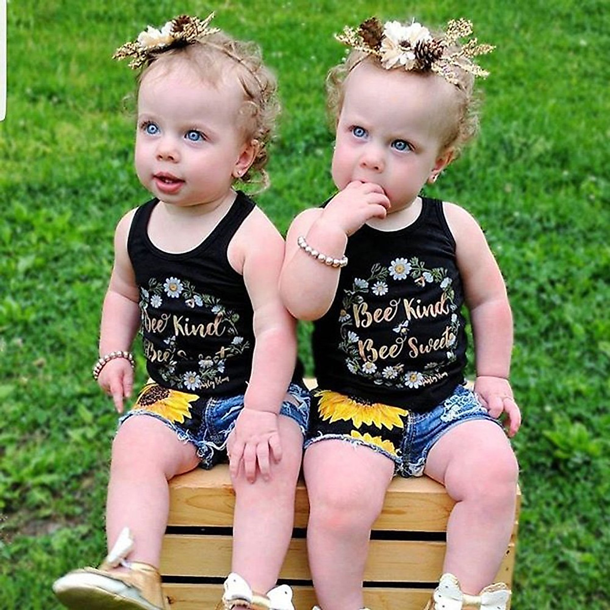 Honganda Fashion 2Pcs Toddler Kids Baby Girl Sunflower Outfits Sleeveless Tank Top+Denim Shorts Summer Clothes (Black, 4-5T)