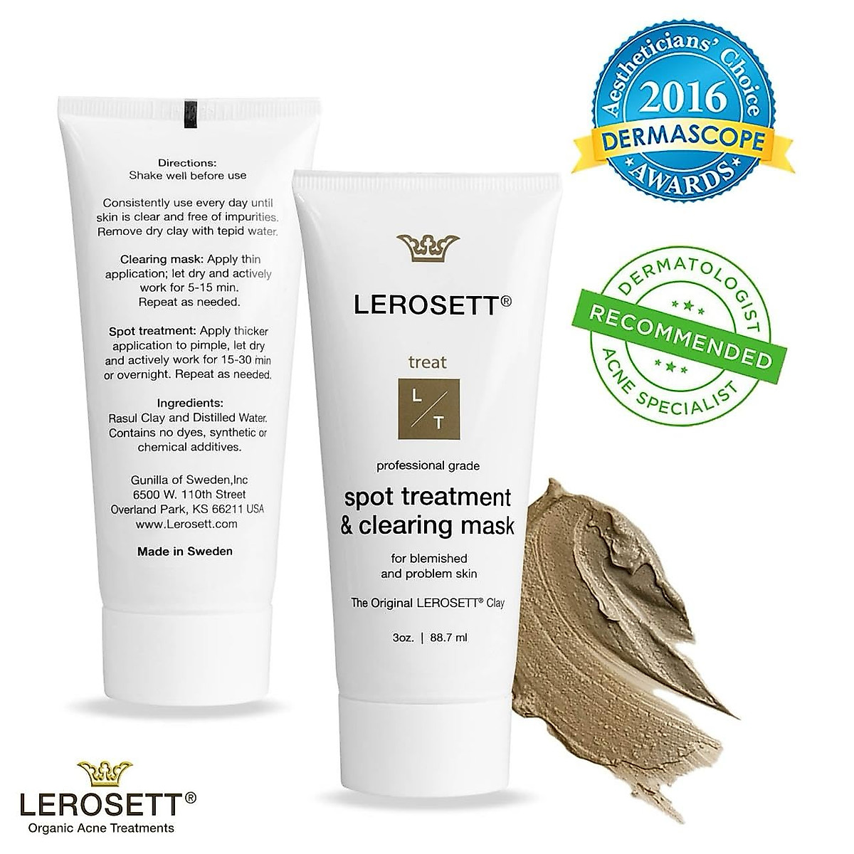 LEROSETT Facial Clay for Acne, Spot Treatment & Clay Mask, For Oily & Congested Skin, Reduces Blemishes, Blackheads & Pimples, Removes Ingrown Hairs, Tighten Pores, Vegan, 650+ Uses