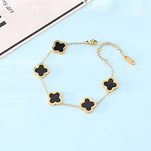 WSupikio Link Bracelets for Women Girls Trendy Bracelet Cute Plated 18K Gold Lucky Adjustable Clover Link Bracelets Mother's Day Christmas Gift Jewelry (Black)