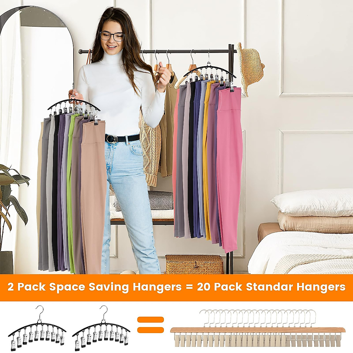 Legging Organizer for Closet, 2 Pack Metal Yoga Pants Hangers w/10 Clips Holds 20 Leggings/Hats/Jeans/Skirts Space Saving Closet Organizers and Storage, Black