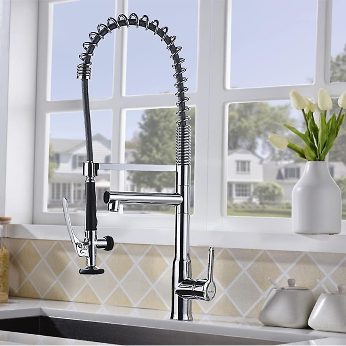 Commercial Kitchen Faucet with Pull Down Sprayer and Kitchen Soap Dispenser, Brass High Arc Pre-Rinse Tall Modern Single Handle Spring Kitchen Sink Faucet with Pull Out Spray, Chrome