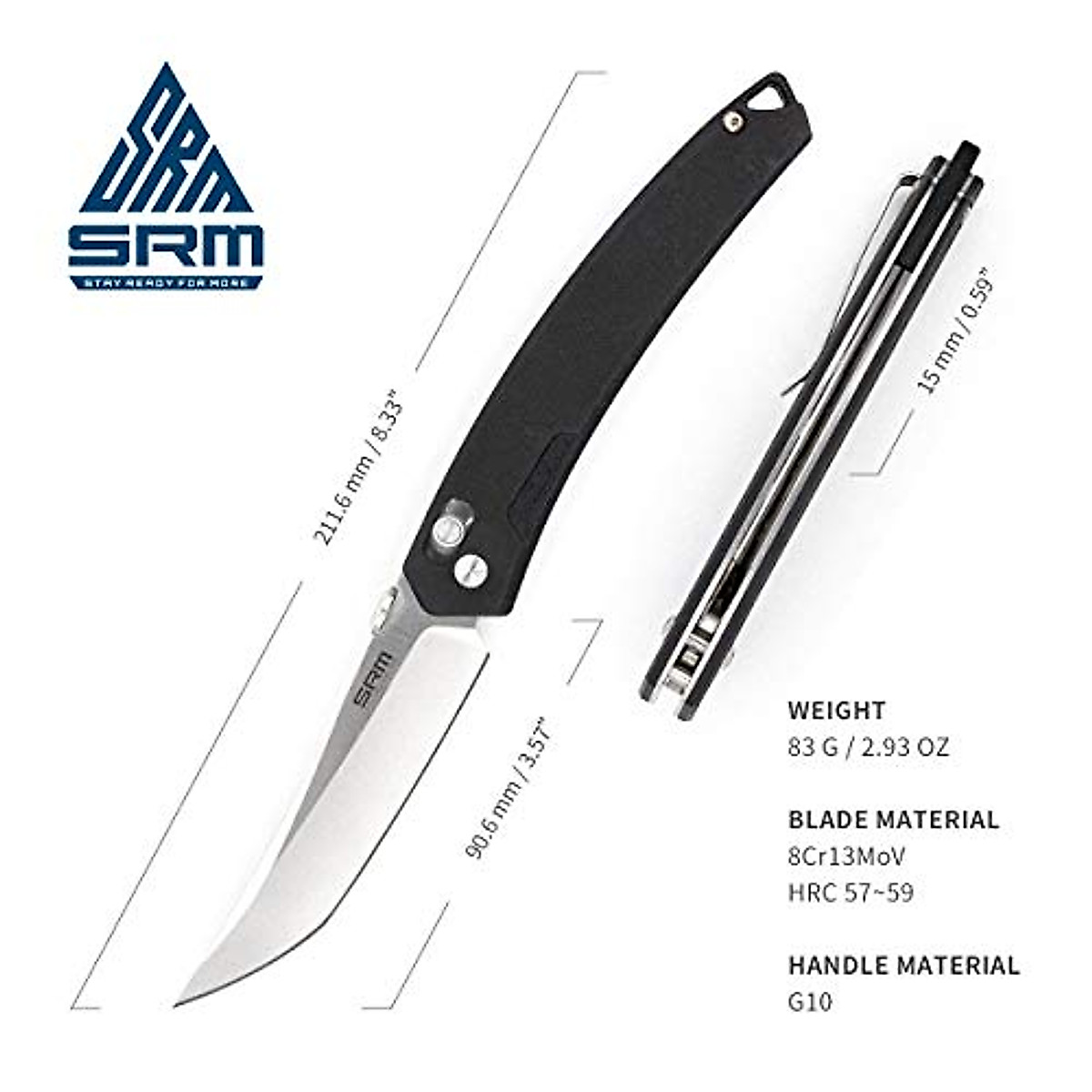 Pocket Folding Knife, Ambidextrous Lock, G10 Handle, Pocket Clip, deisnged for EDC, Survival, Outdoor Uses. SRM (Black)