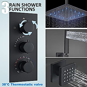 Body Jet Shower System 16 Inch LED Rain Shower Head Faucet with Thermostatic Mixer Valve and 6 Massage Body Sprays and Handheld Shower Combo Set Large Flow(Matte Black)