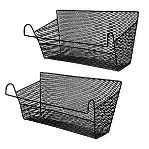2 packs wrought iron bedside hanging basket, student dormitory bed storage baskets, metal mesh desktop corner racks, hanging organizers, used for bedside storage, beverage tissues and office rooms with hooks (black)