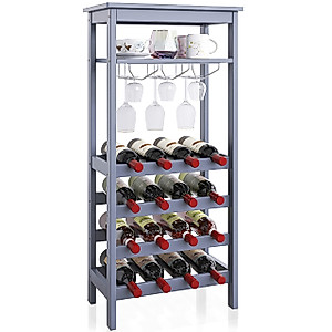 SMIBUY Wine Rack with Glass Holder & Table Top, 16 Bottles Storage, Floor Free Standing Bamboo Display Shelves for Home, Kitchen, Pantry, Cellar, Bar (Grey)
