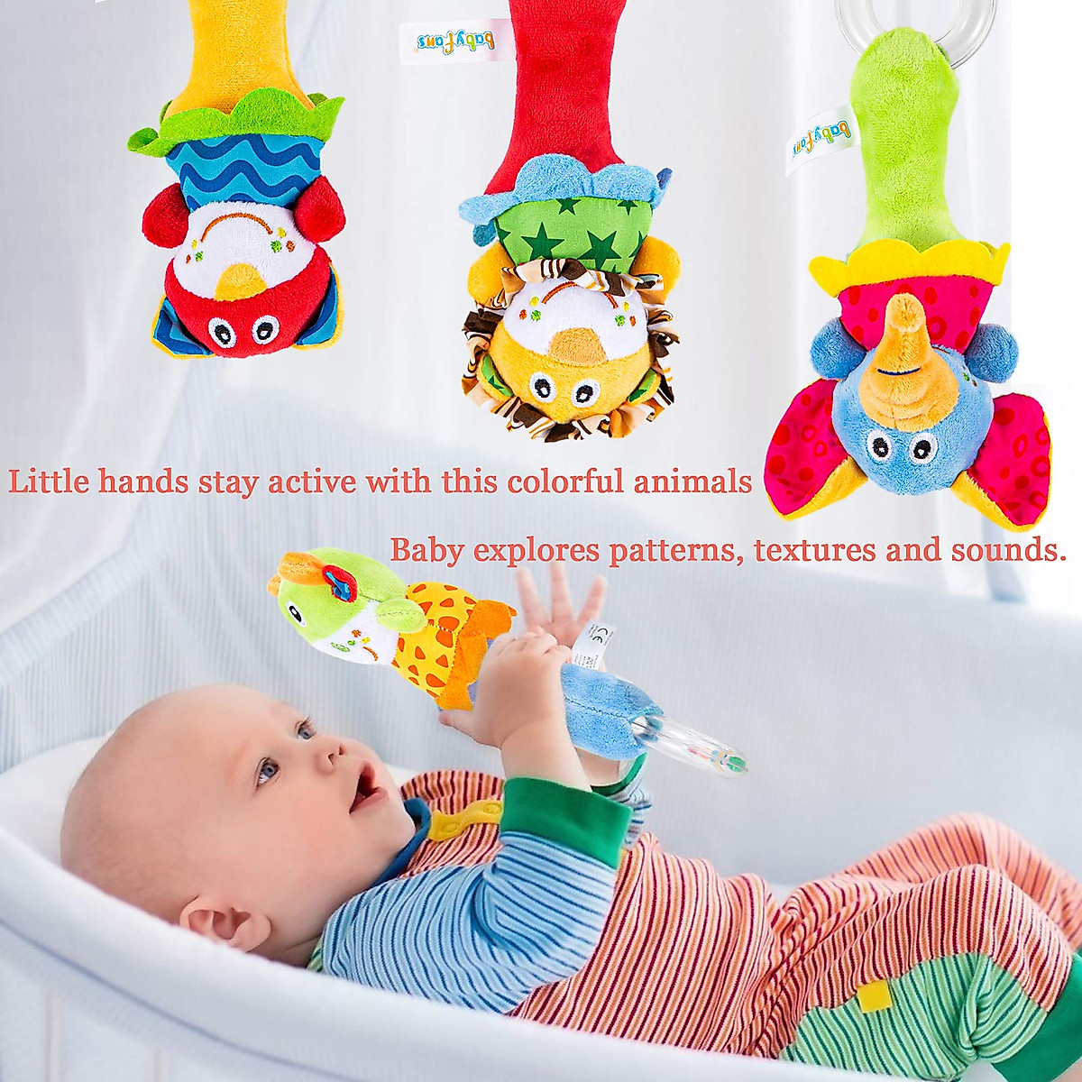 4 Plush Baby Soft Rattle Toys,Fabric Ring Rattles Shaker,Infant Handbells Early Development Hand Grab Sensory Toys,Stuffed Animal for 6 9 12 Months and Newborn Toddler Boy Girl Birthday Gifts