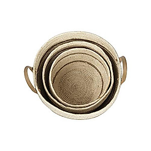 Creative Co-Op Beige & Brown Maize Baskets with Leather Handle (Set of 3 Sizes) Wicker Non-Food Storage, Brown