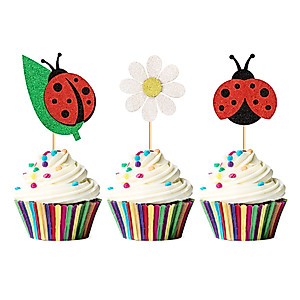 Cyodoos 24Pcs Ladybug Cupcake Toppers Flowers Insects Cupcake Picks Garden Theme Baby Shower Kids Birthday Party Cake Decorations Supplies