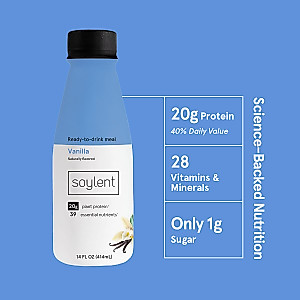 Soylent Vanilla Meal Replacement Shake, Ready-to-Drink Plant Based Protein Drink, Contains 20g Complete Vegan Protein and 1g Sugar, 14oz, 12 Pack