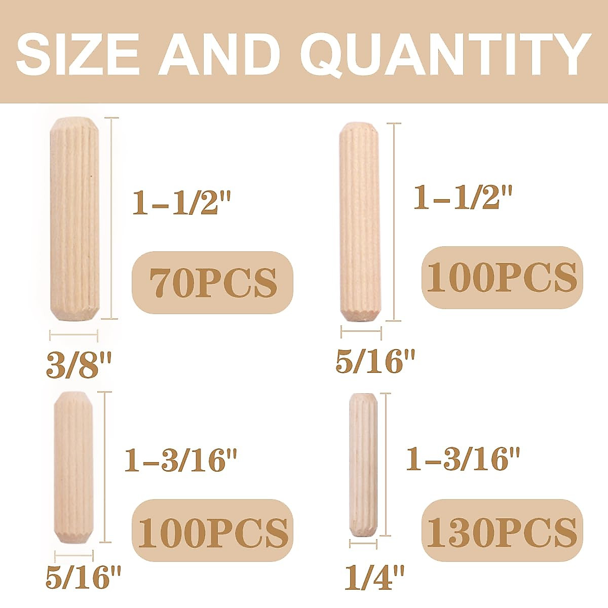 smseace 400PCS Straight Groove Wooden Dowel Pins with Tapered End with Bevel Angle, 1/4 "5/16" 3/8 "(6mm, 8mm, 10mm) Wooden Dowel Pins, Used for Crafts, Furniture, DIY Manual, Etc.MD-4S-400P