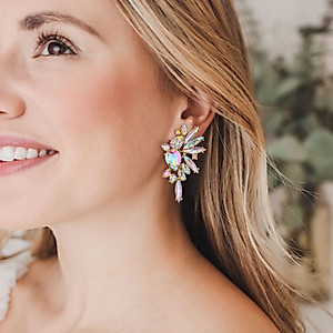 EVER FAITH Crystal Fashion Statement Earrings, Art Deco Marquise Drop Cluster Bridal Bling Colorful Dangle Earrings for Women Iridescent AB Gold-Tone