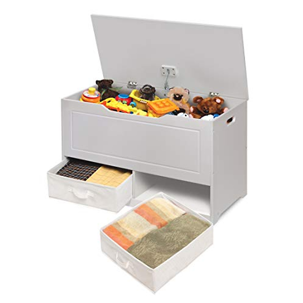 Badger Basket Kid's Up & Down Toy Box and Organizer with Two Reversible Fabric Bins - White