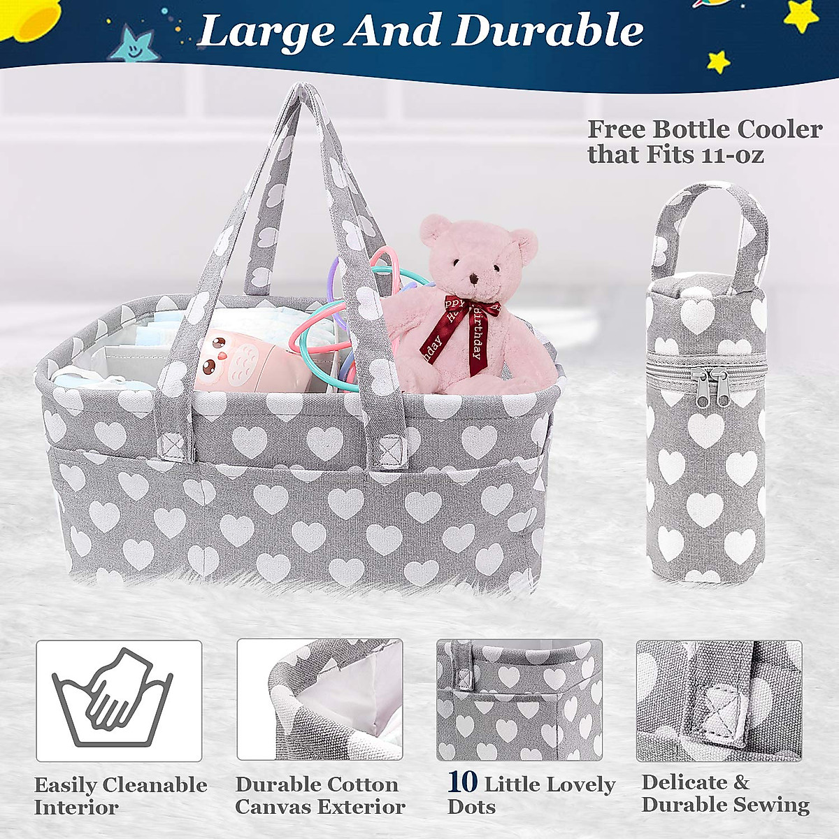 STARDEN Baby Nursery Diaper Caddy Organizer - Baby Shower Gifts Organizer Bins for Changing Table, Diapers Caddy Storage Basket Newborn Registry Gift Car Travel Tote Bag + Baby Bottle Cover