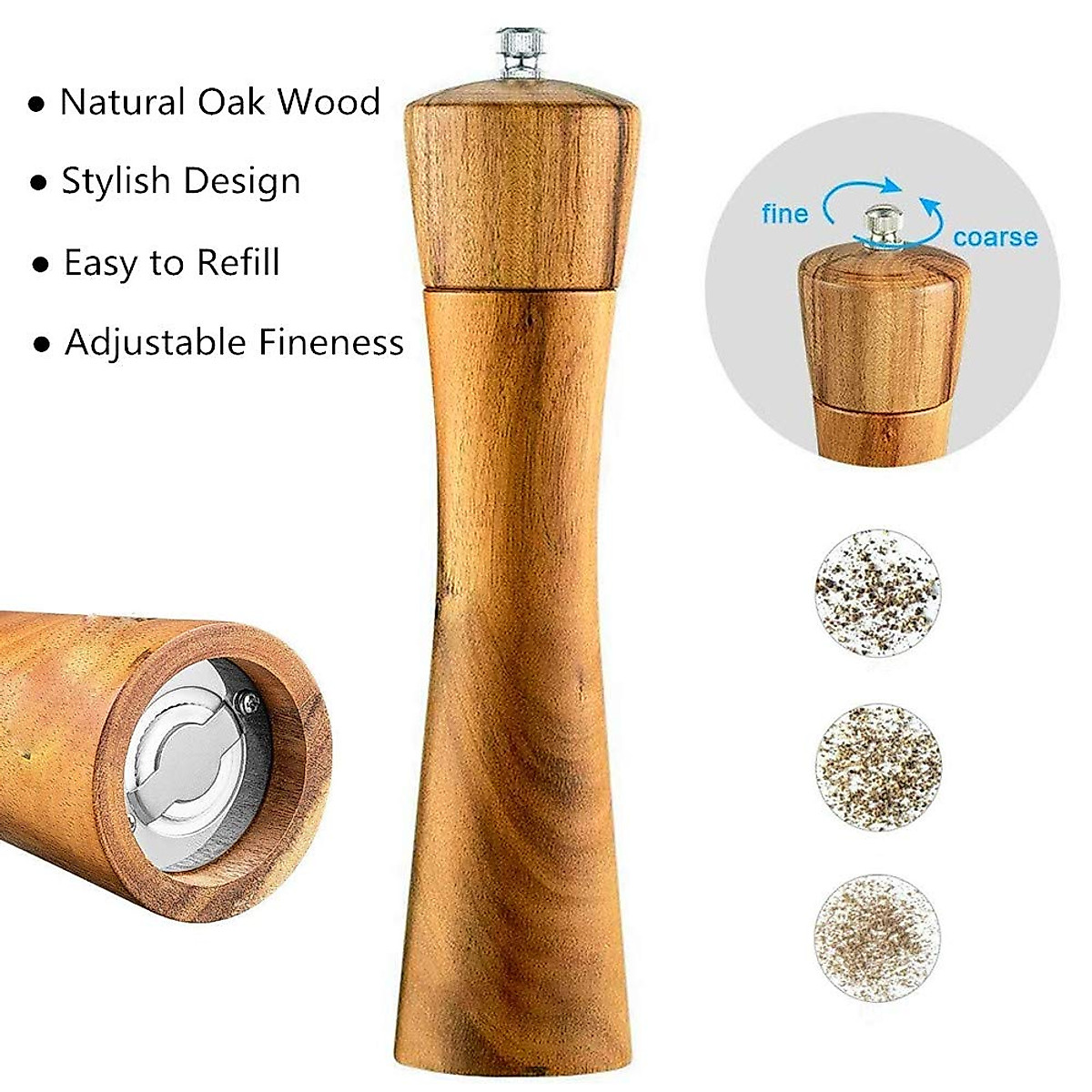 Wood Salt and Pepper Grinder Mill - Noryee Manual Wooden Salt Grinder Pepper Mill Shakers Refillable with Adjustable Coarseness Ceramic Rotor - 8.5 Inch (1 Pack)