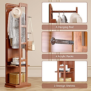 LVSOMT 360° Swivel Jewelry Armoire, Rotatable Full Length Mirror with Jewelry Storage, Standing Jewelry Cabinet with Coat Rack, Walnut, Soild Wood