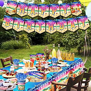 142pcs Sunset Beach Summer Tableware Set Beach Theme Party Decorations Palm Leaves Tropical Beach Banner,Tablecloth,Cups,Plates Napkins,Forks and Knives for Hawaiian Party,Swimming Pool Party,Birthday