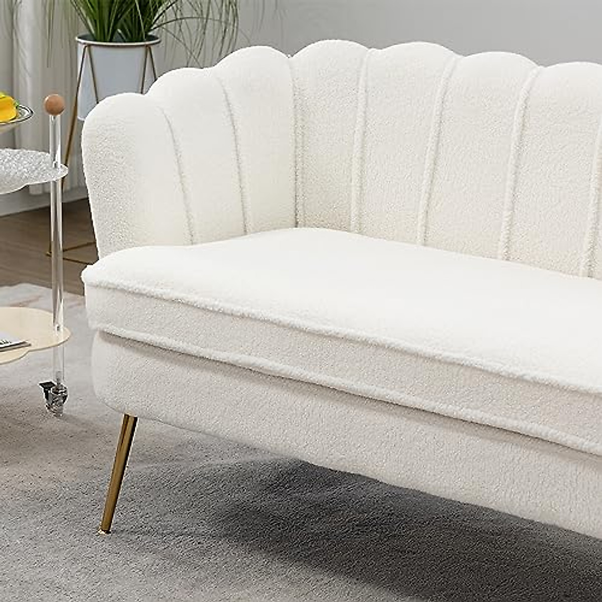 Modern Boucle Loveseat Couch,Futon Small Sofa with Gold Metal Legs ,2-Seater Upholstered Mini Sofa Couches for Small Space,Living Room Bedroom Office Dorm Studio Apartment Love Seat Couche(White)