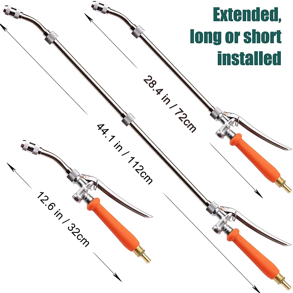 Sprayer Wand, 44" all metal Sprayer for 1/2" & 3/8" Hose Quick Connectors, 1/4" & 3/8" Brass Barb Sprayer Wand Replacement Built-in Shut Valve Stainless Steel Spray Wand, w/Hose Connector