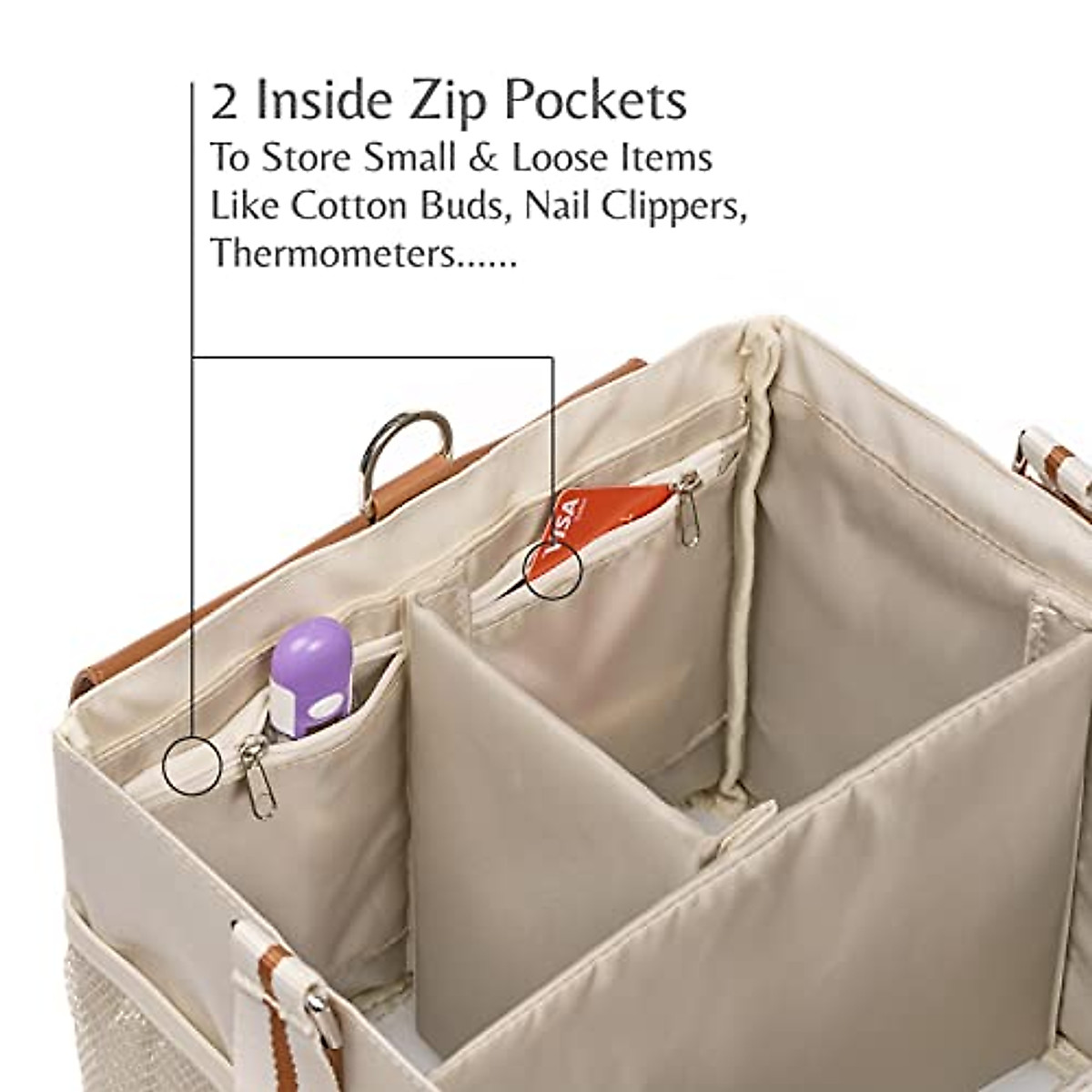 Diaper Caddy With Shoulder Strap & Entertainment Pouch Keeps Baby Still For Diaper Change. Waterproof Diaper Organizer Canvas Fabric Wipe Clean. Diaper Caddy Organizer Multiple Compartments (Beige)