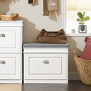 Haotian White Hallway Shoe Bench, Narrow Shoe Rack Entryway, Small Shoe Cabinet with 1 Flip-Drawer and Seat Cushion, FSR82-K-W