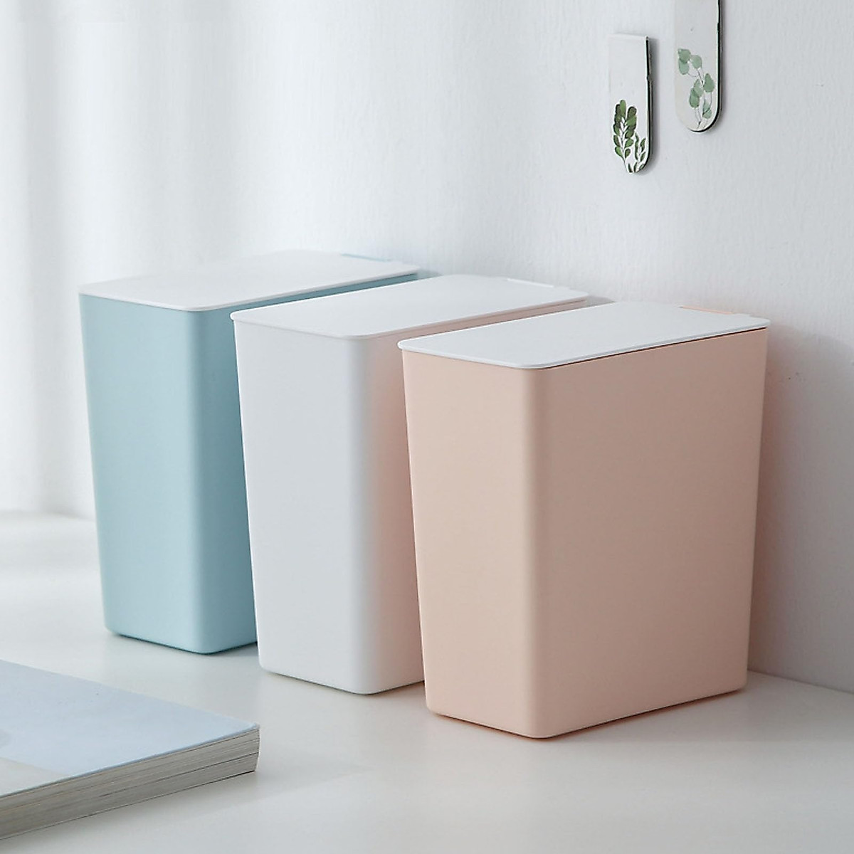 RESTRICTEDLOOP Compact Desktop Plastic Covered Garbage Bin for Countertop Small Trash Can Maintenance (Light Pink)