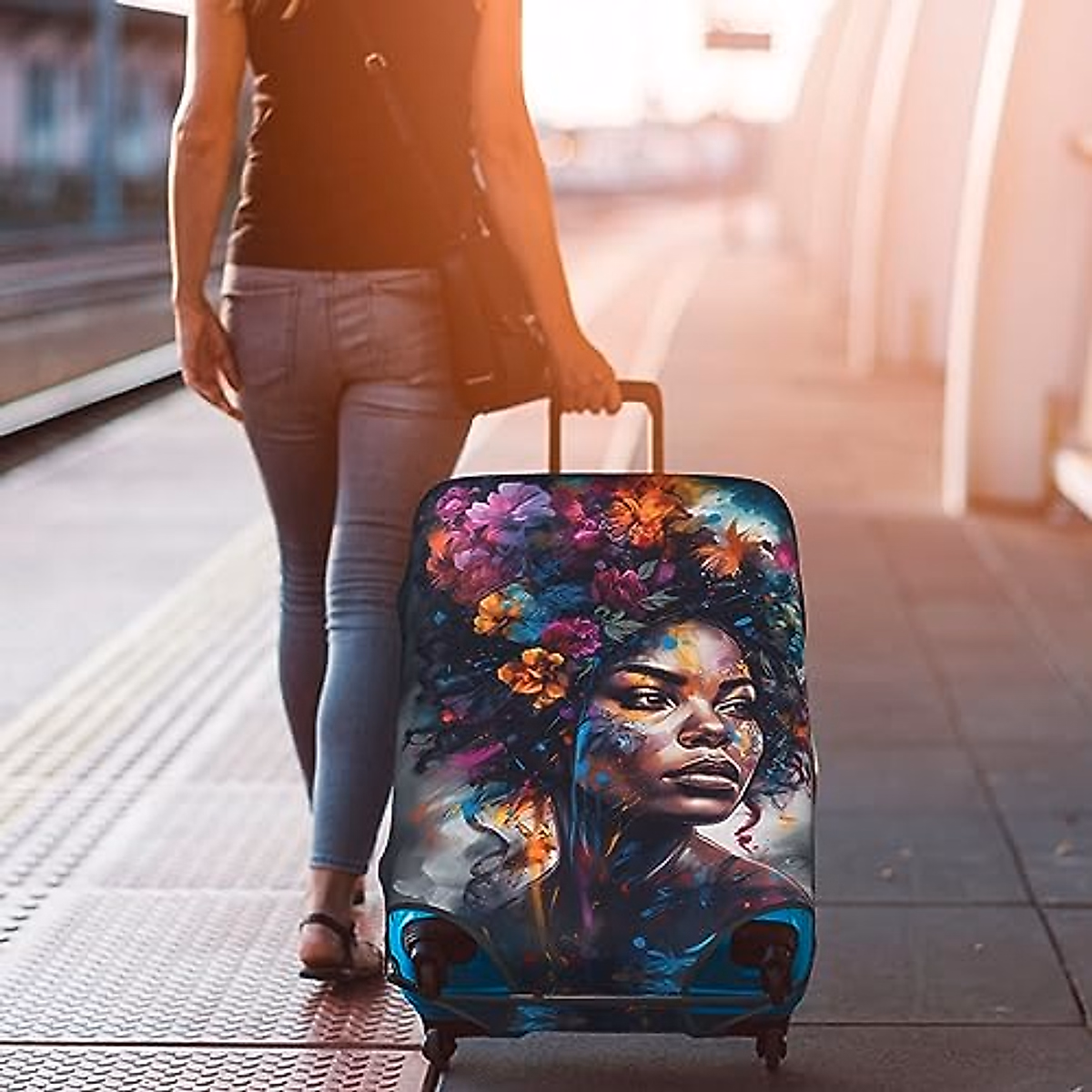 Dudietry Suitcase protector cover tsa approved luggage cover for Suitcase Washable Suitcase Protector Anti-scratch Suitcase cover Large African American Black Girl